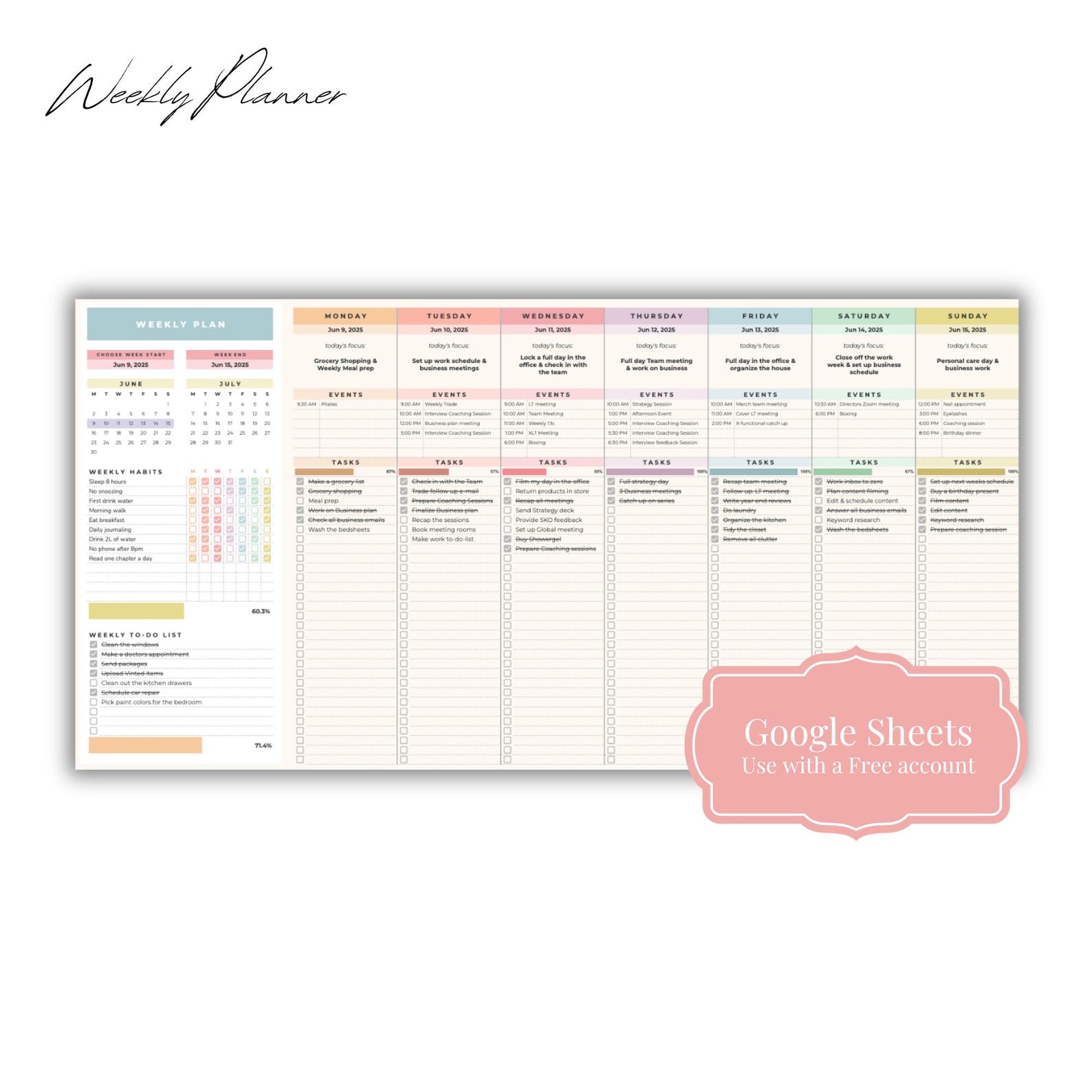 Weekly Planner Google Sheets | ADHD Planner & Productivity Tracker ...