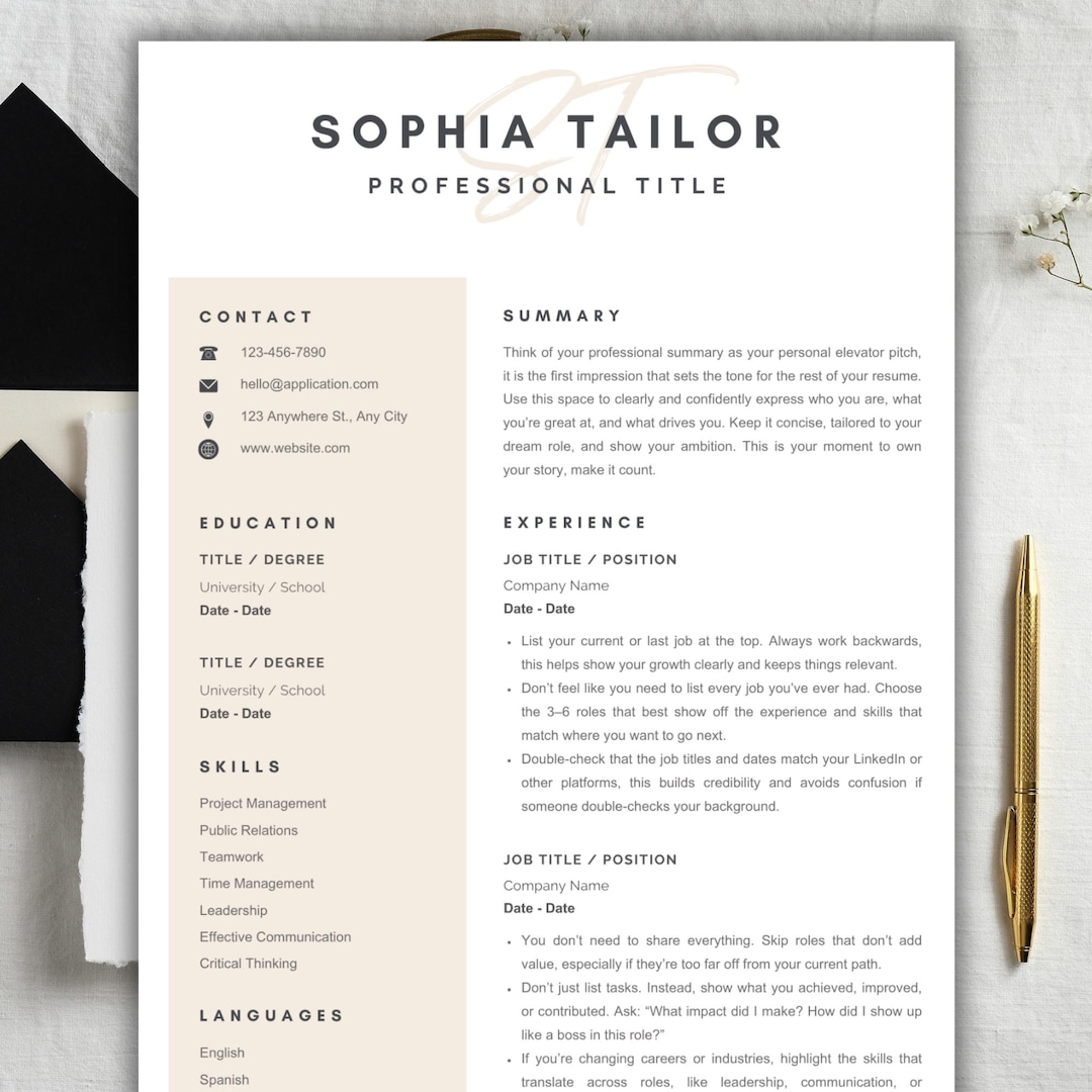 Professional Resume Template for Women | Neutral Beige | 1–2 Page CV ...
