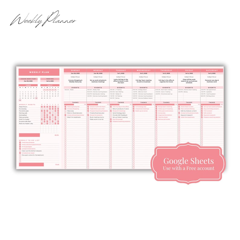 Weekly Planner Google Sheets Template: Pink Feminine Productivity, to Do List ADHD | Digital ...