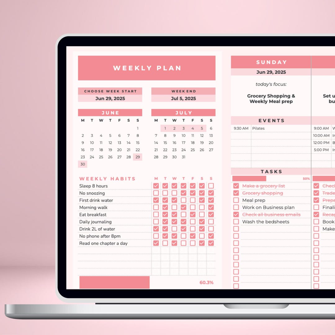 Weekly Planner Google Sheets Template: Pink Feminine Productivity, to ...
