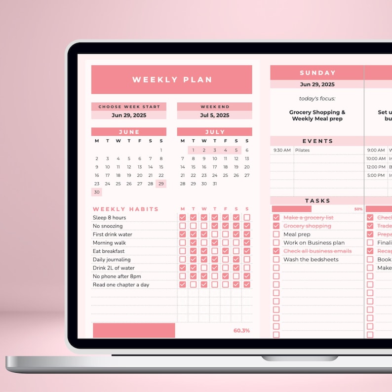 Pink Weekly Planner Google Sheets Template: Feminine Productivity ...