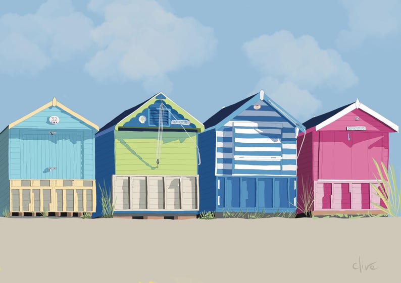 Four Beach Huts, Beach Huts Print - Coastal Wall Art, Seaside Print ...