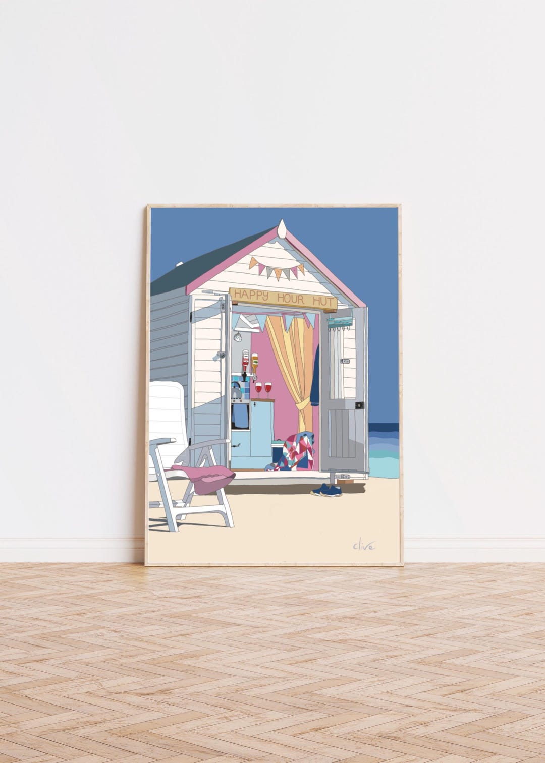 Happy Hour Beach Hut Print, Coastal Seaside Art, Dorset - Etsy