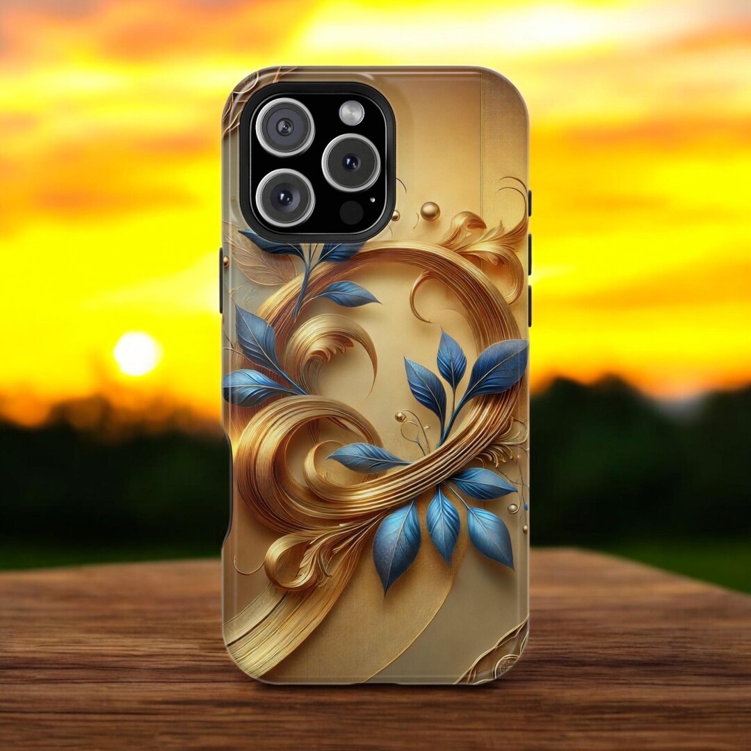 Golden Elegance Phone Case Blue Leaf and Swirl Design Luxurious ...