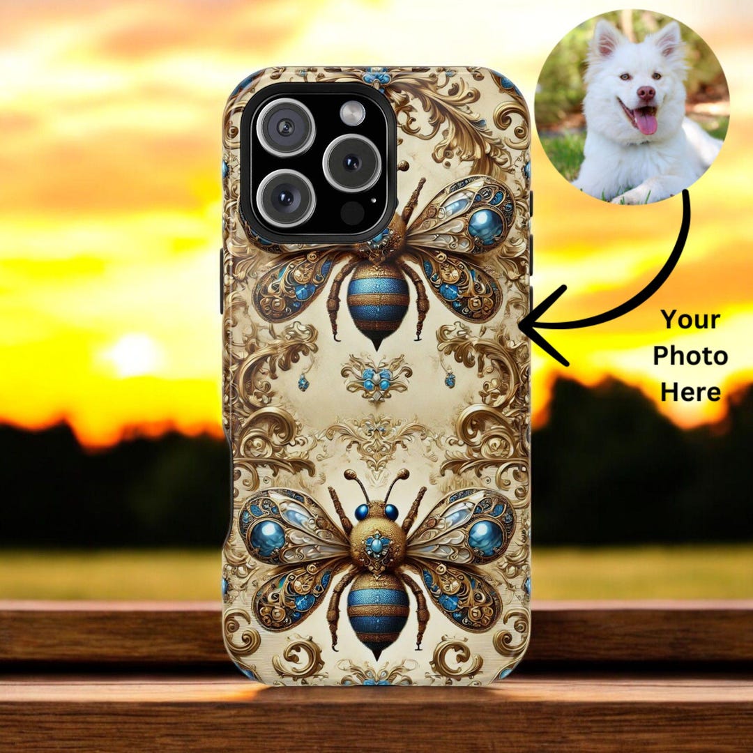 Vintage Bee-inspired Phone Case, Intricate Gold and Blue Design ...