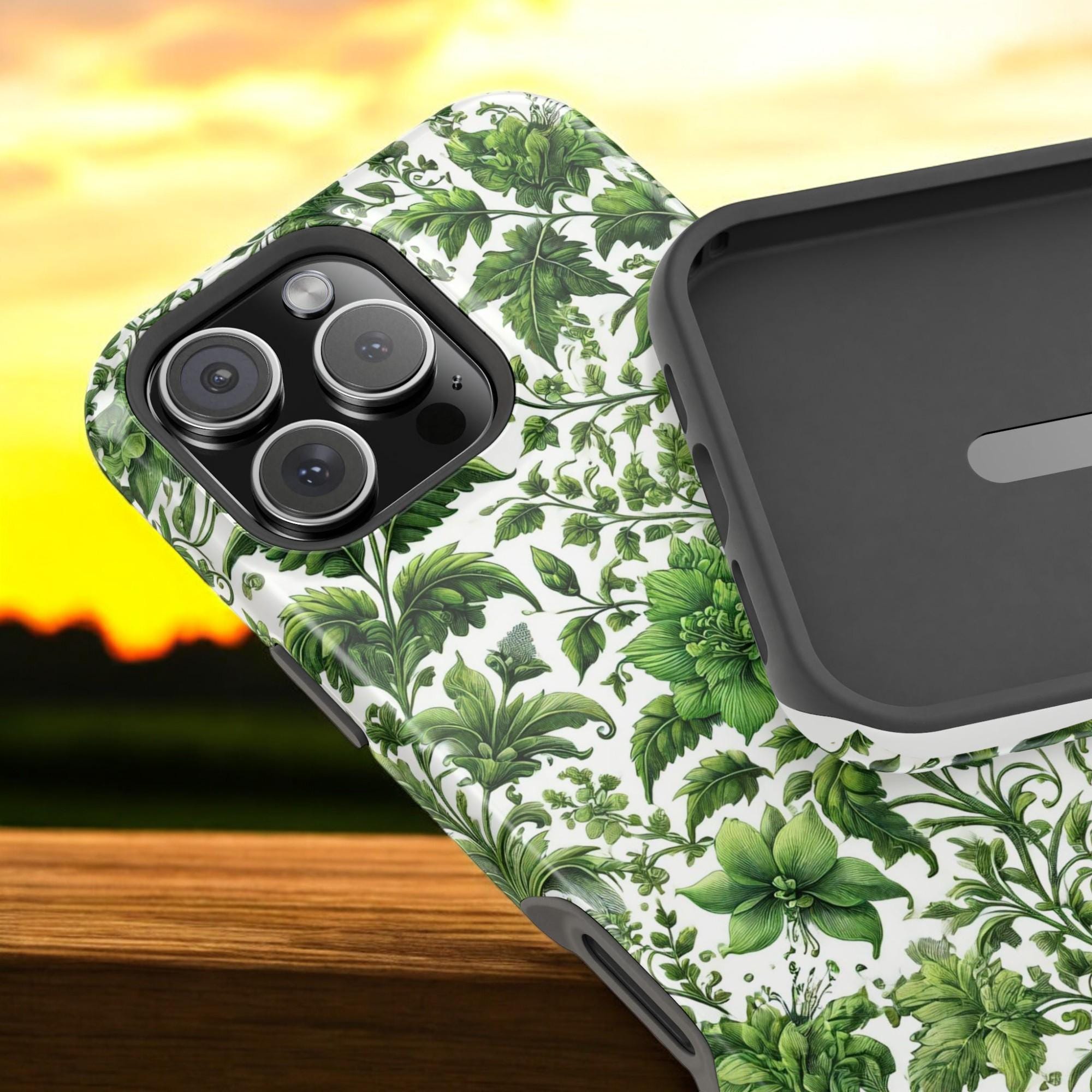 Green Botanical Pattern Phone Case - Elegant Nature-inspired Floral ...