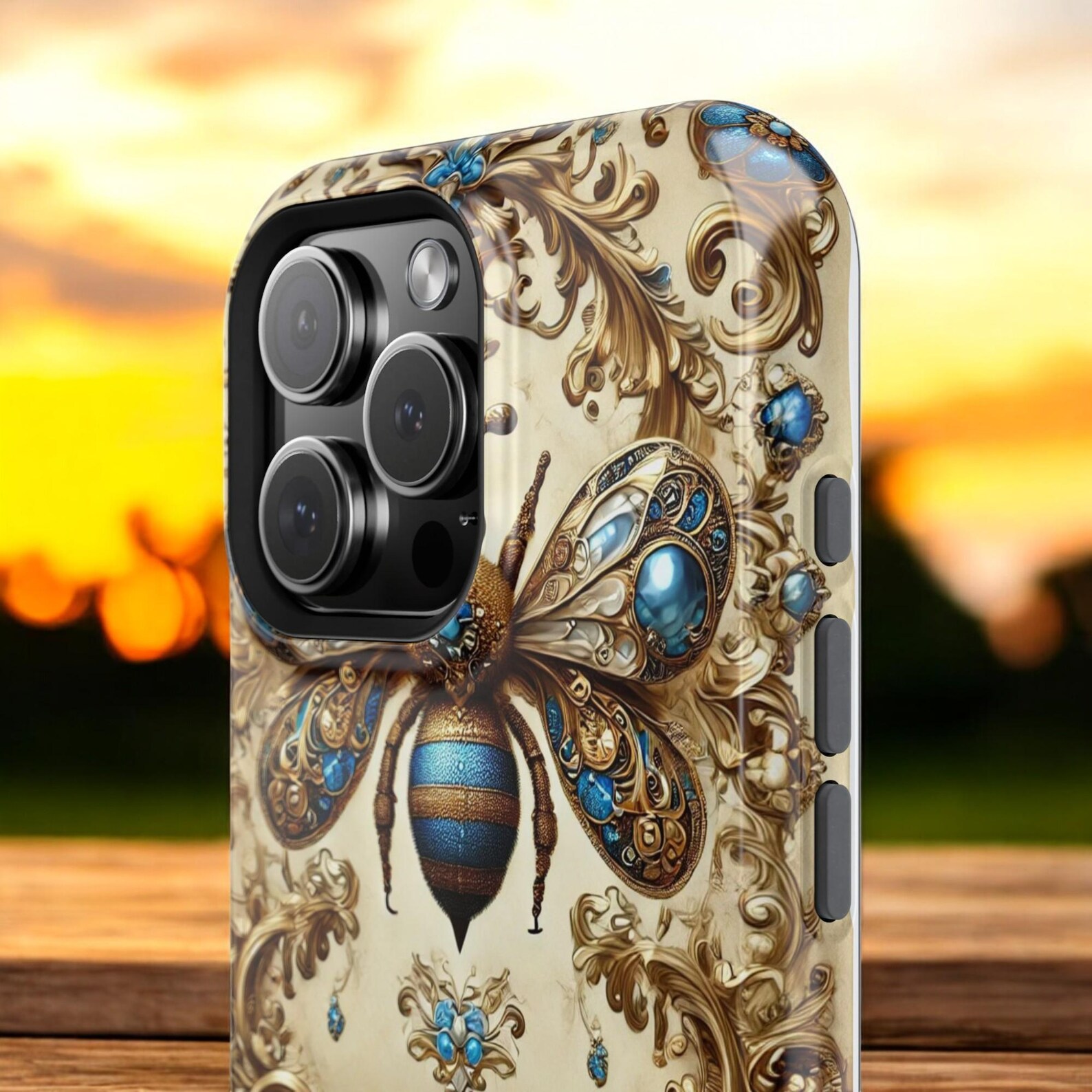 Vintage Bee-inspired Phone Case, Intricate Gold and Blue Design ...
