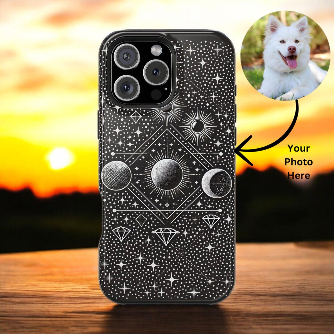 Celestial Geometry Phone Case – Cosmic Sun & Moon Starry Design, Black ...