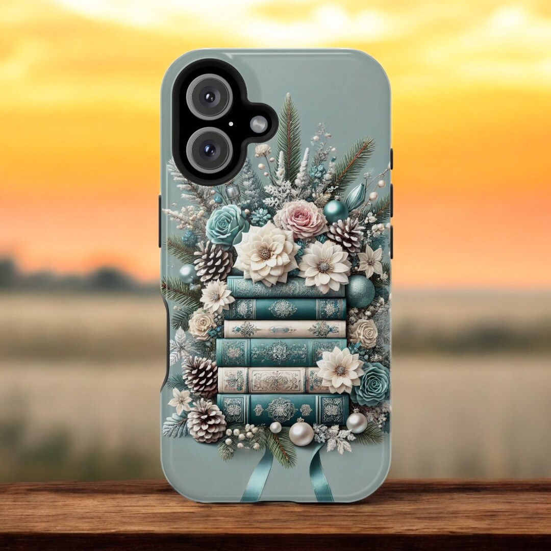 Elegant Winter Floral Book Stack Phone Case - Vintage Holiday Design ...