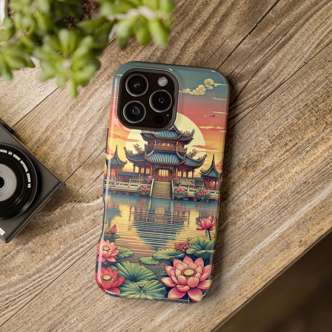 Lotus Temple Phone Case, Asian Nature iPhone Cover, Sunset Pagoda Phone ...
