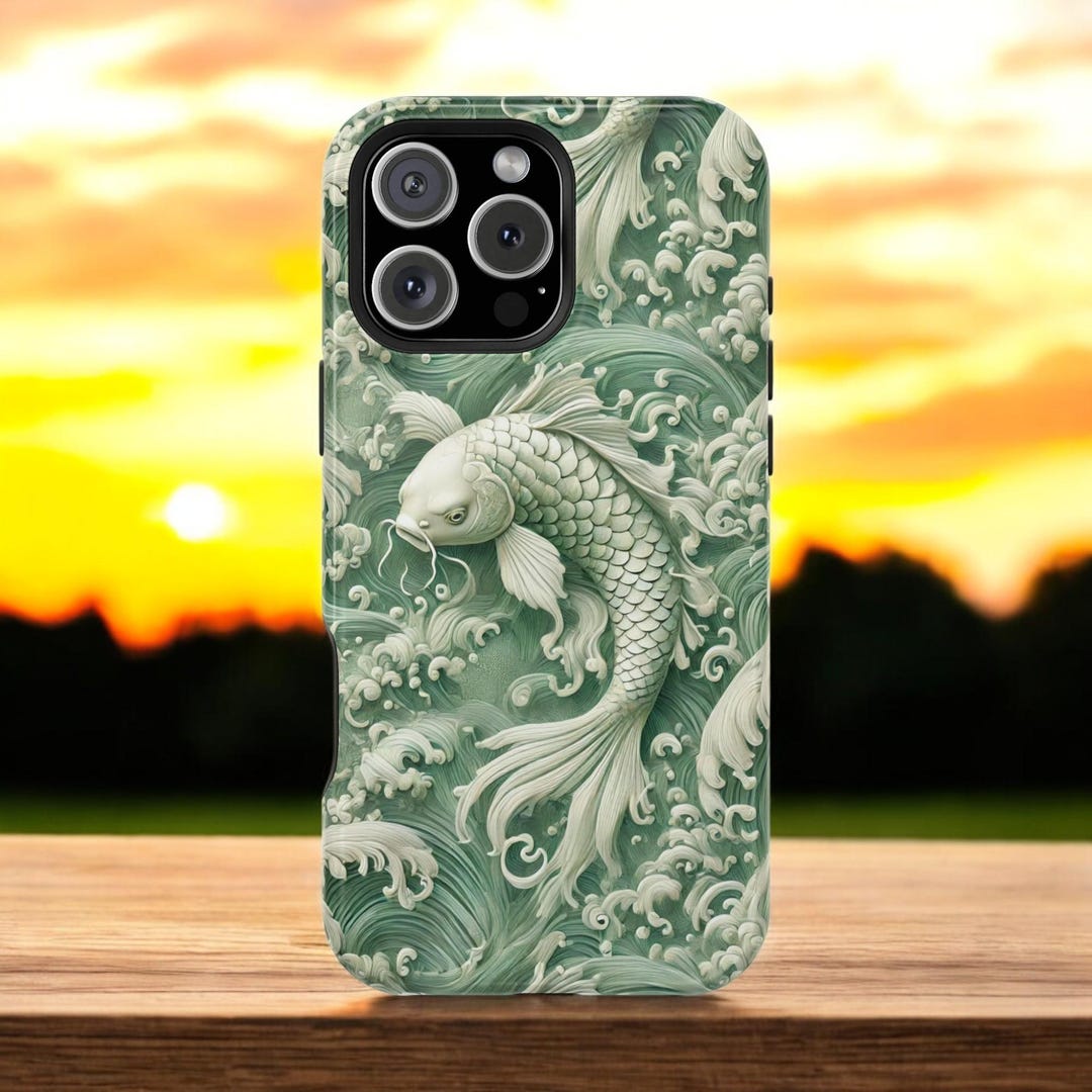 Elegant Koi Fish iPhone Case, Japanese Wave Phone Cover, Green Phone ...