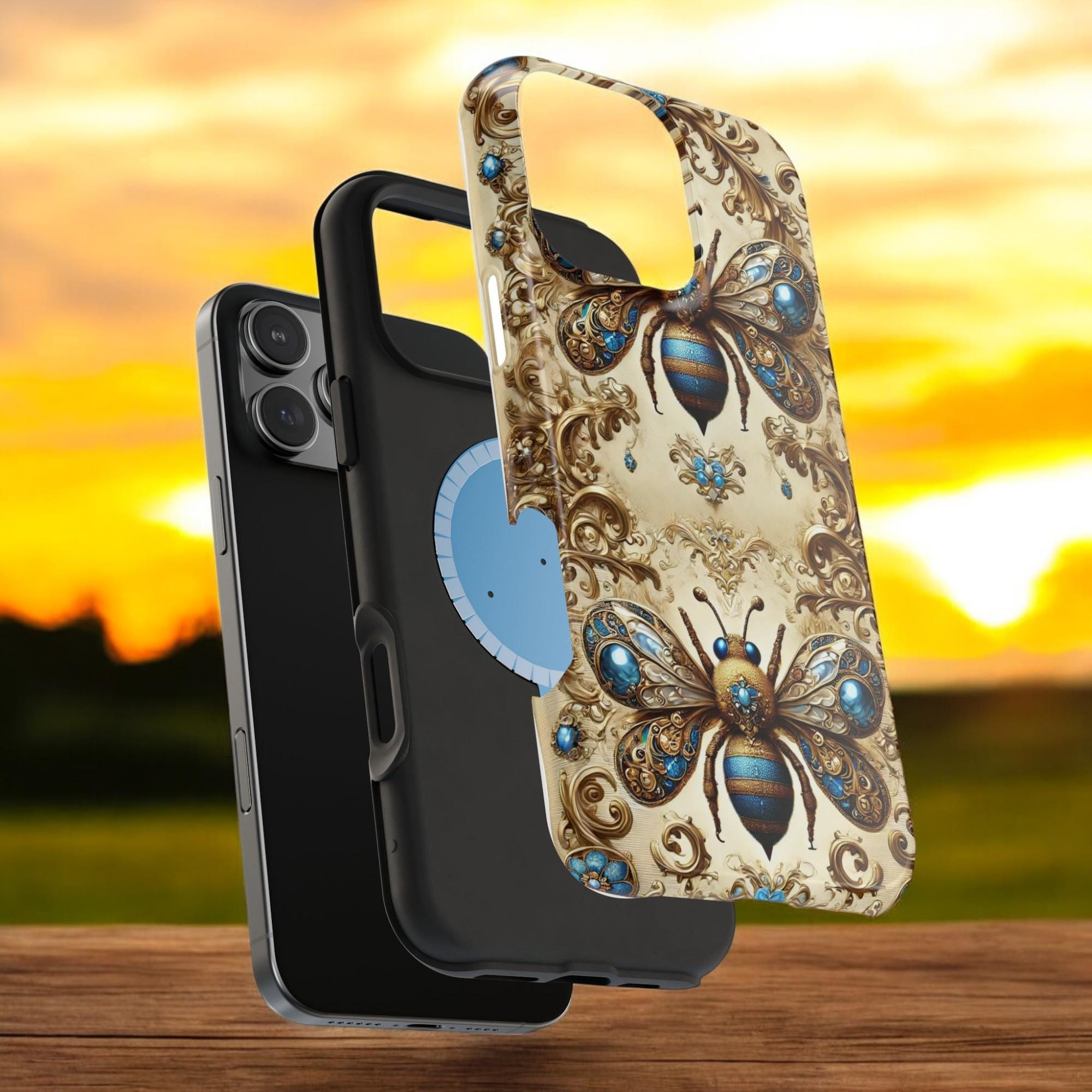 Vintage Bee-inspired Phone Case, Intricate Gold and Blue Design ...