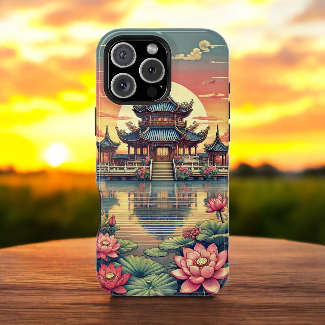 Lotus Temple Phone Case | Asian Inspired iPhone Cover | Sunset Pagoda ...