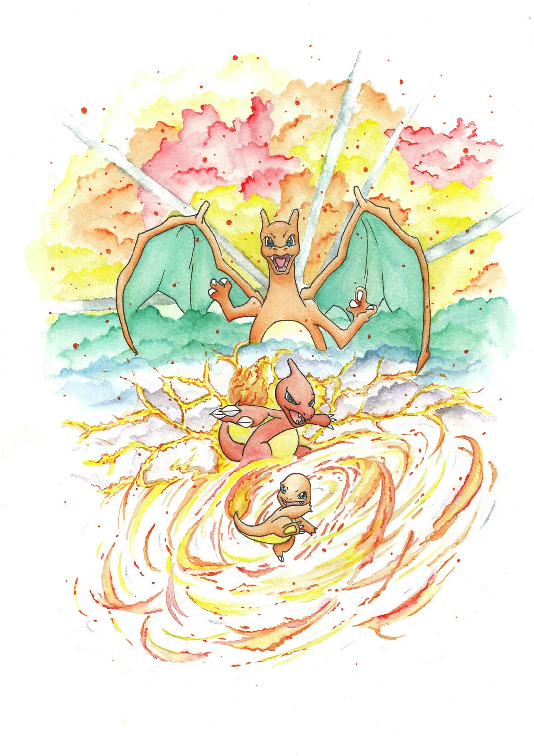 Pokémon Charmander Evolution - Charmeleon & Charizard A3 Watercolour ...