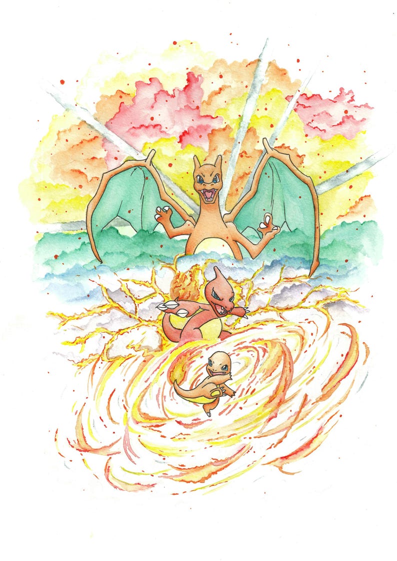 Pokémon Charmander Evolution - Charmeleon & Charizard A3 Watercolour ...