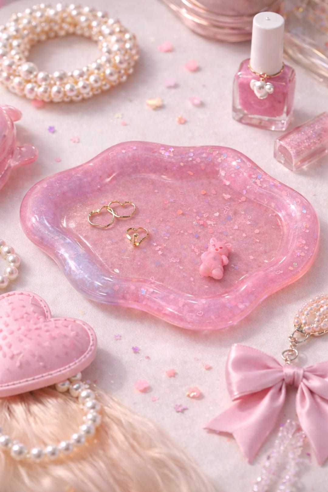 Y2K Style, Pink Glitter Resin Jewelry Tray, Kawaii Cute Vanity Ring ...
