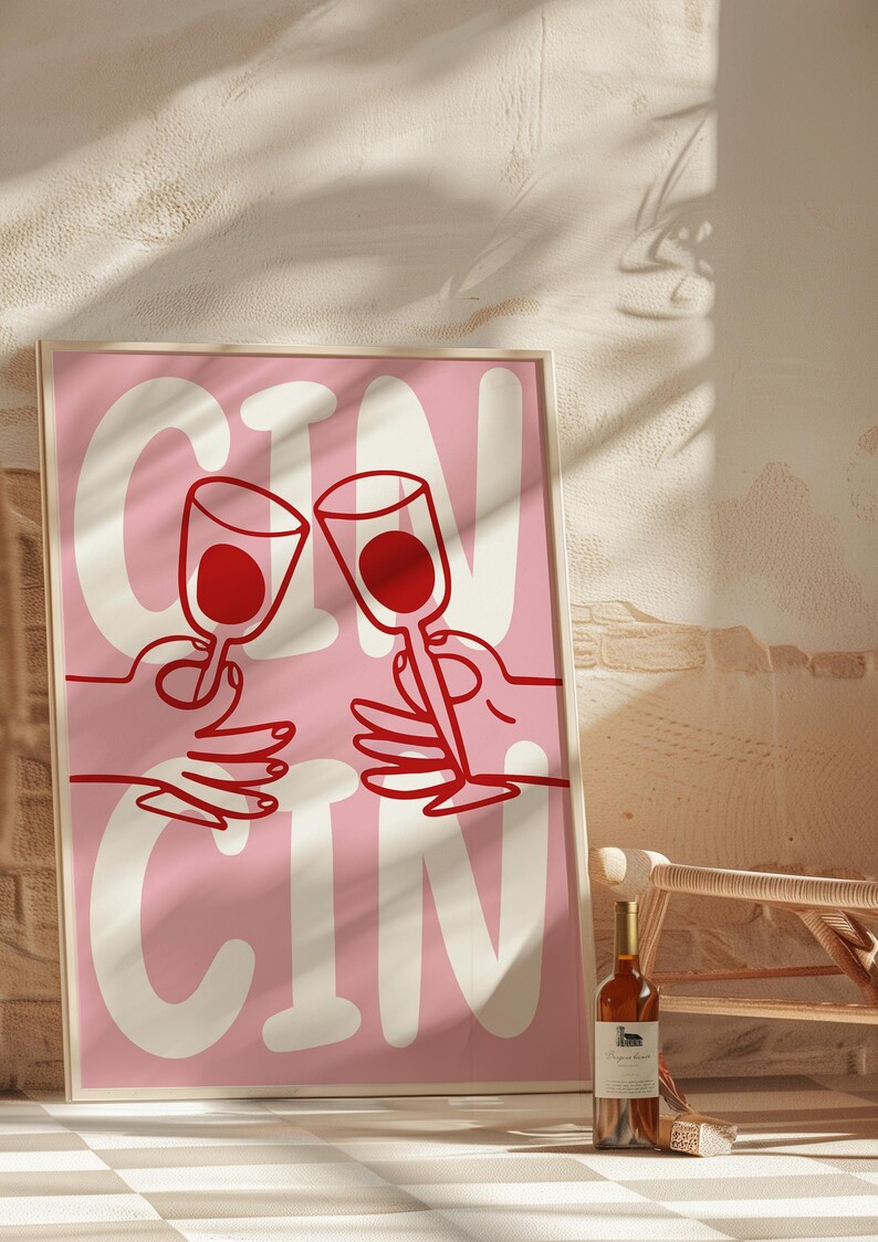 Cin Cin Poster Pink Cin Cin Print, Cheers Poster, Bar Cart Art, Retro ...