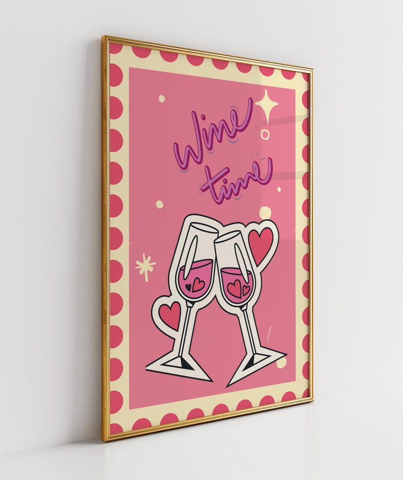 Retro Wine Poster, Wine Time Art Print – Pink Wine Decor, Retro Pop Art ...