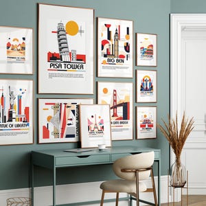 Famous Landmark Poster Set - Bauhaus Style Landmark Print- 10 Unique ...