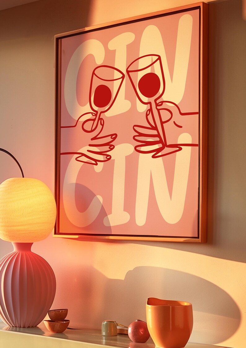 Cin Cin Poster Pink Cin Cin Print, Cheers Poster, Bar Cart Art, Retro ...