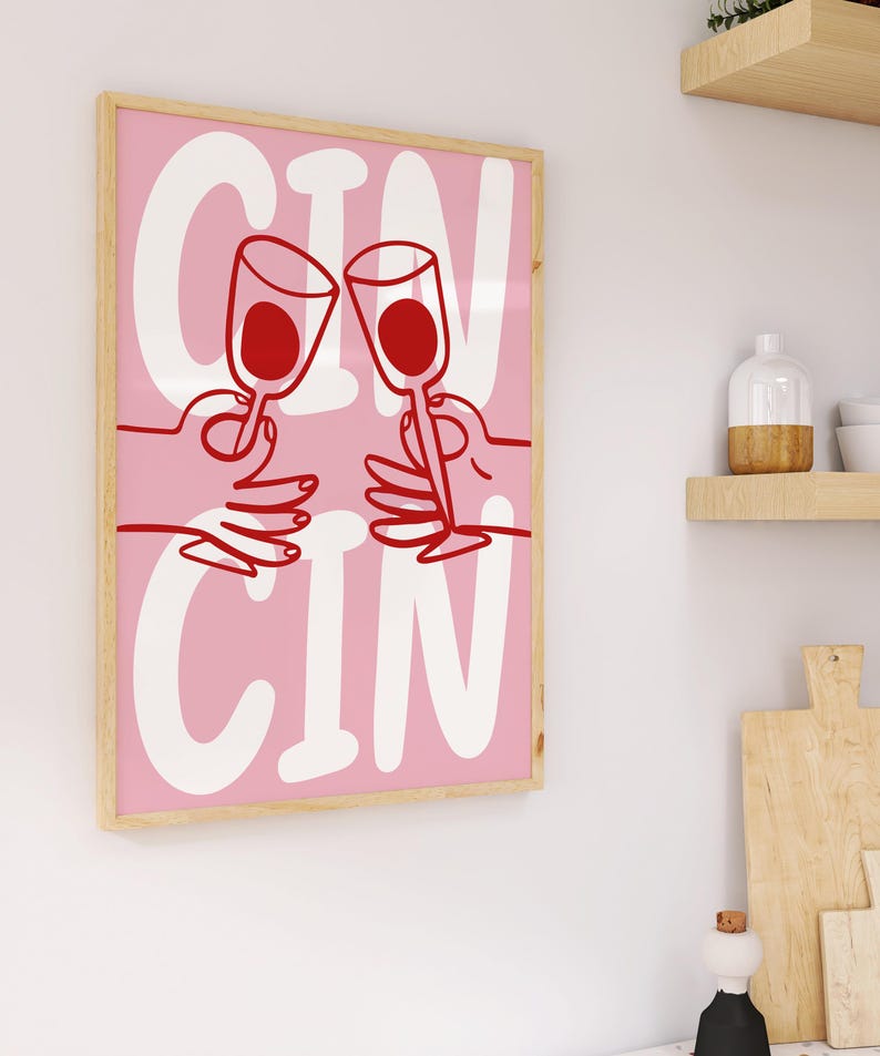 Cin Cin Poster Pink Cin Cin Print, Cheers Poster, Bar Cart Art, Retro ...