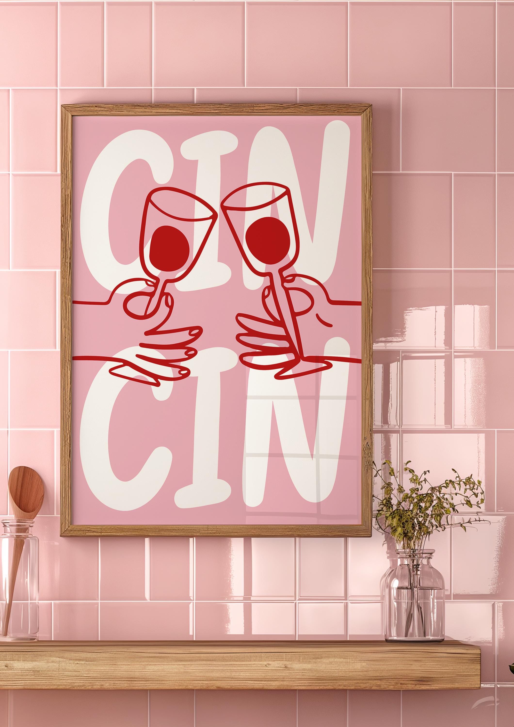 Cin Cin Poster Pink Cin Cin Print, Cheers Poster, Bar Cart Art, Retro ...