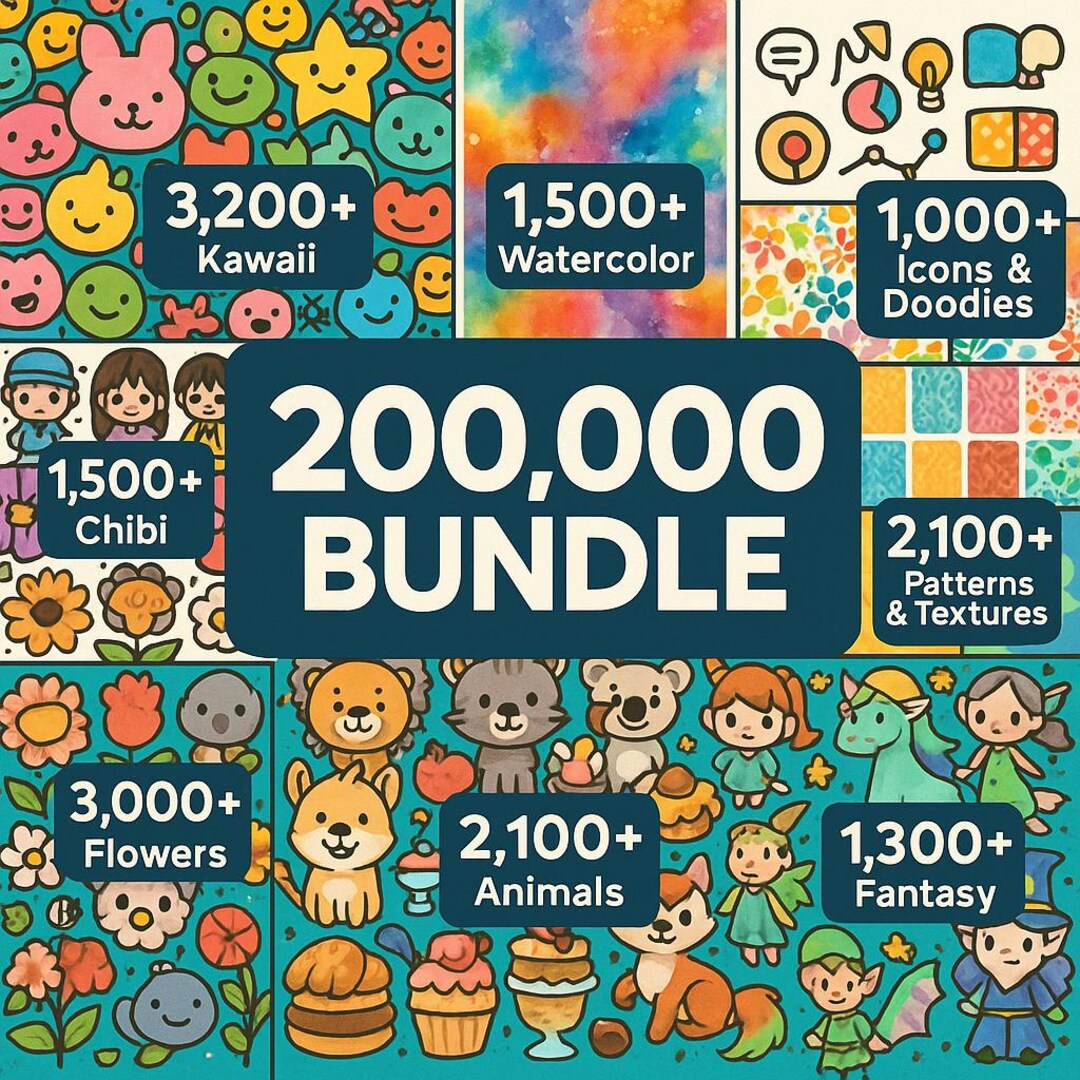 Mega Clipart Bundle: Kawaii, Floral, Watercolor Graphics (SVG, PNG, PDF ...