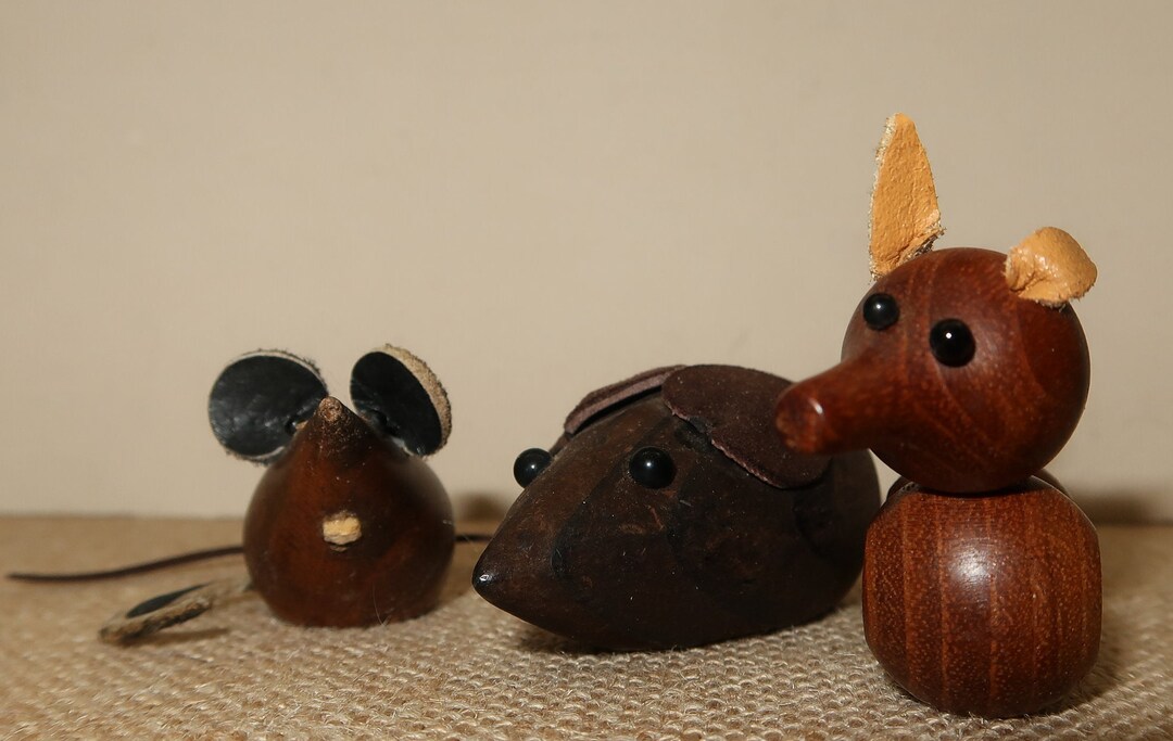 Vtg Miniature Wood and Leather 2 Mice and a Dog - Etsy
