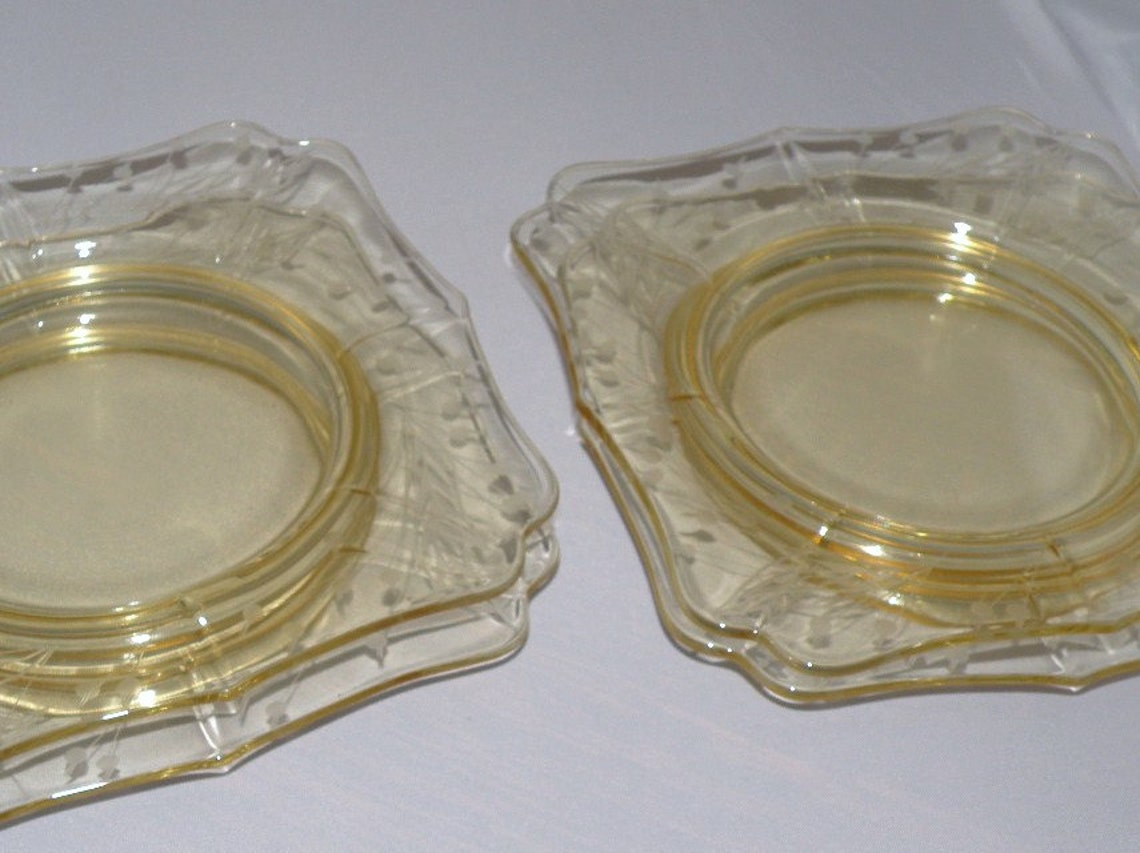 1930s FOUR Elegant Glass Yellow Square Plates With an Etched Lilly of ...