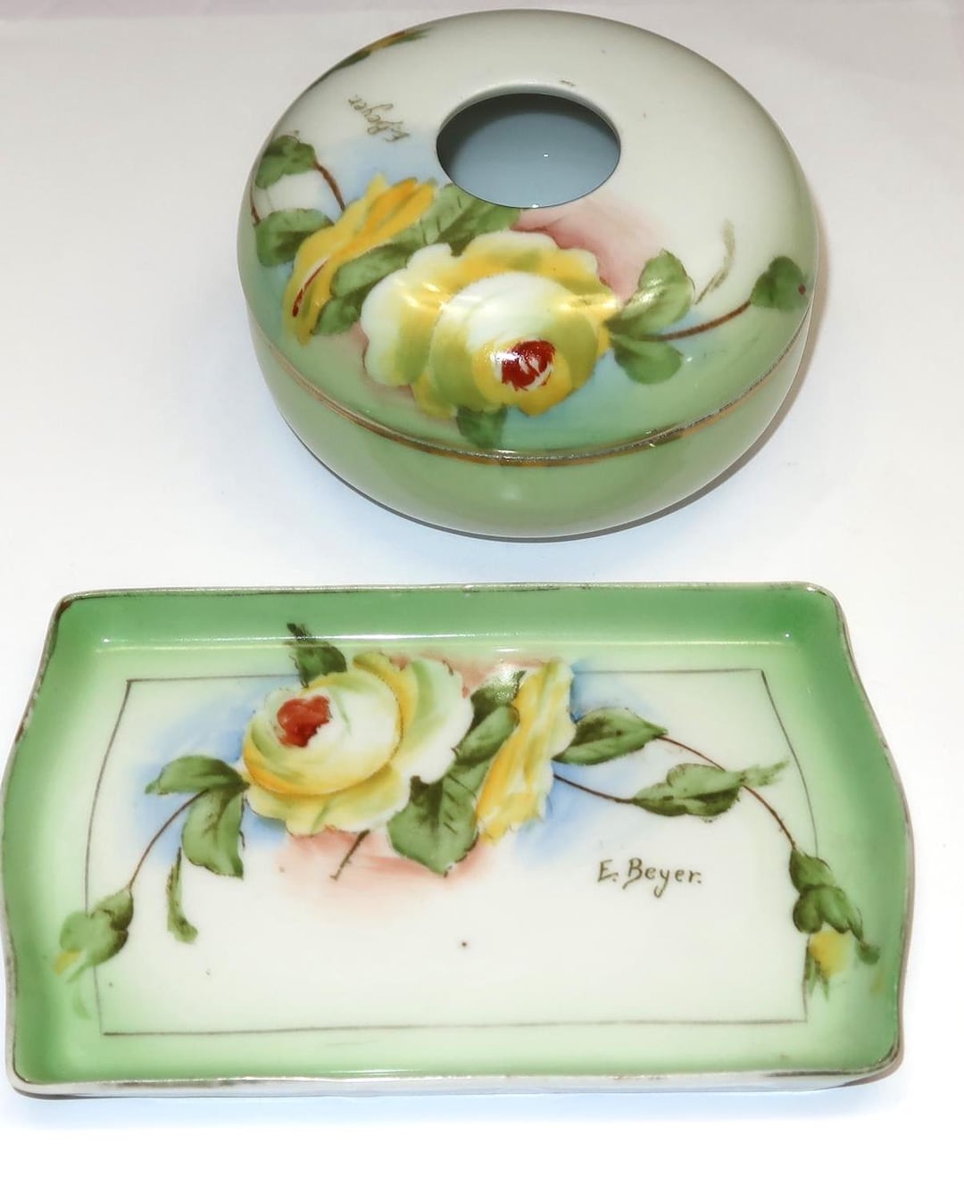 Antique Hand Painted Prussia Royal Rudolstadt Yellow Rose Hair Receiver ...