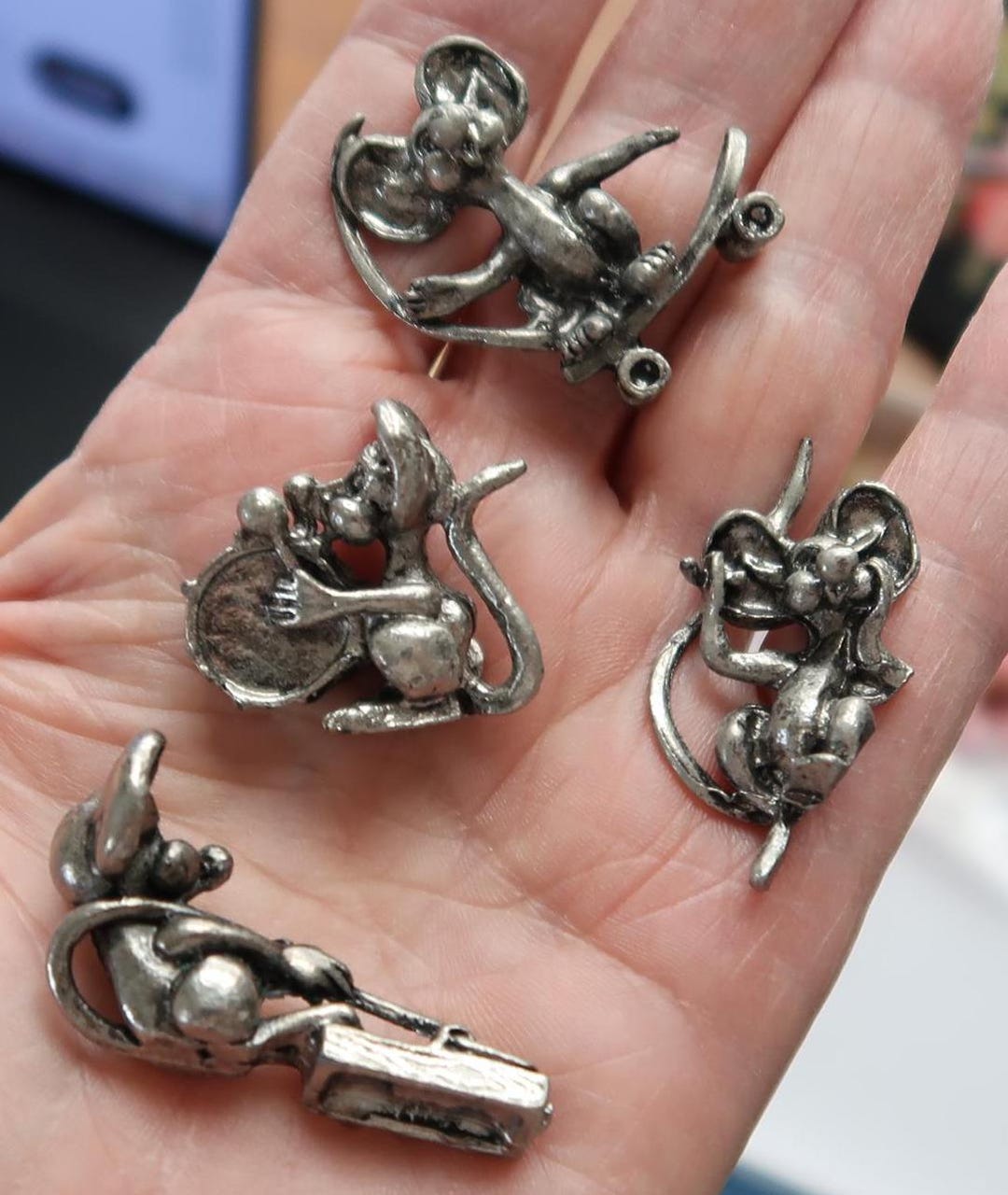 4 Vintage Pewter Miniature Mice, Skate Board, Mouse Trap, Lounging ...