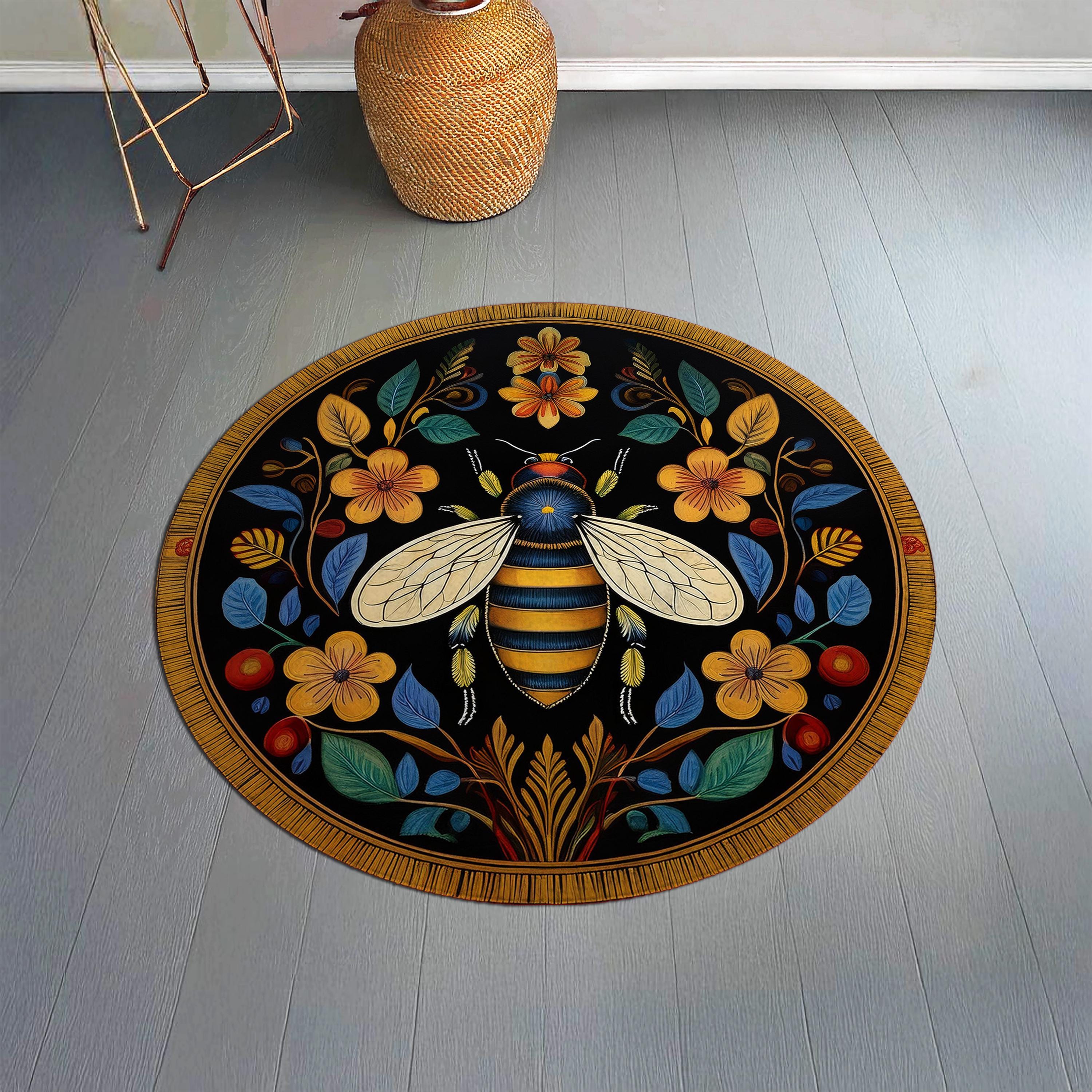 Floral Bee Round Rug, Honey Bee Rug, Cottagecore Decor Rug, Dark ...