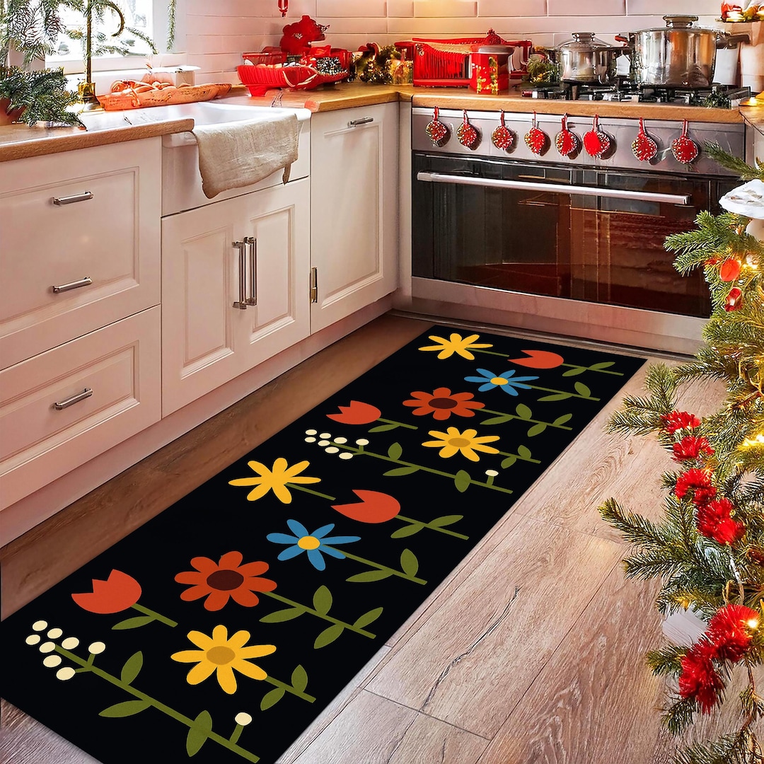 Colorful Floral Kitchen Rug – Non-slip Washable Mat for Sink Area ...