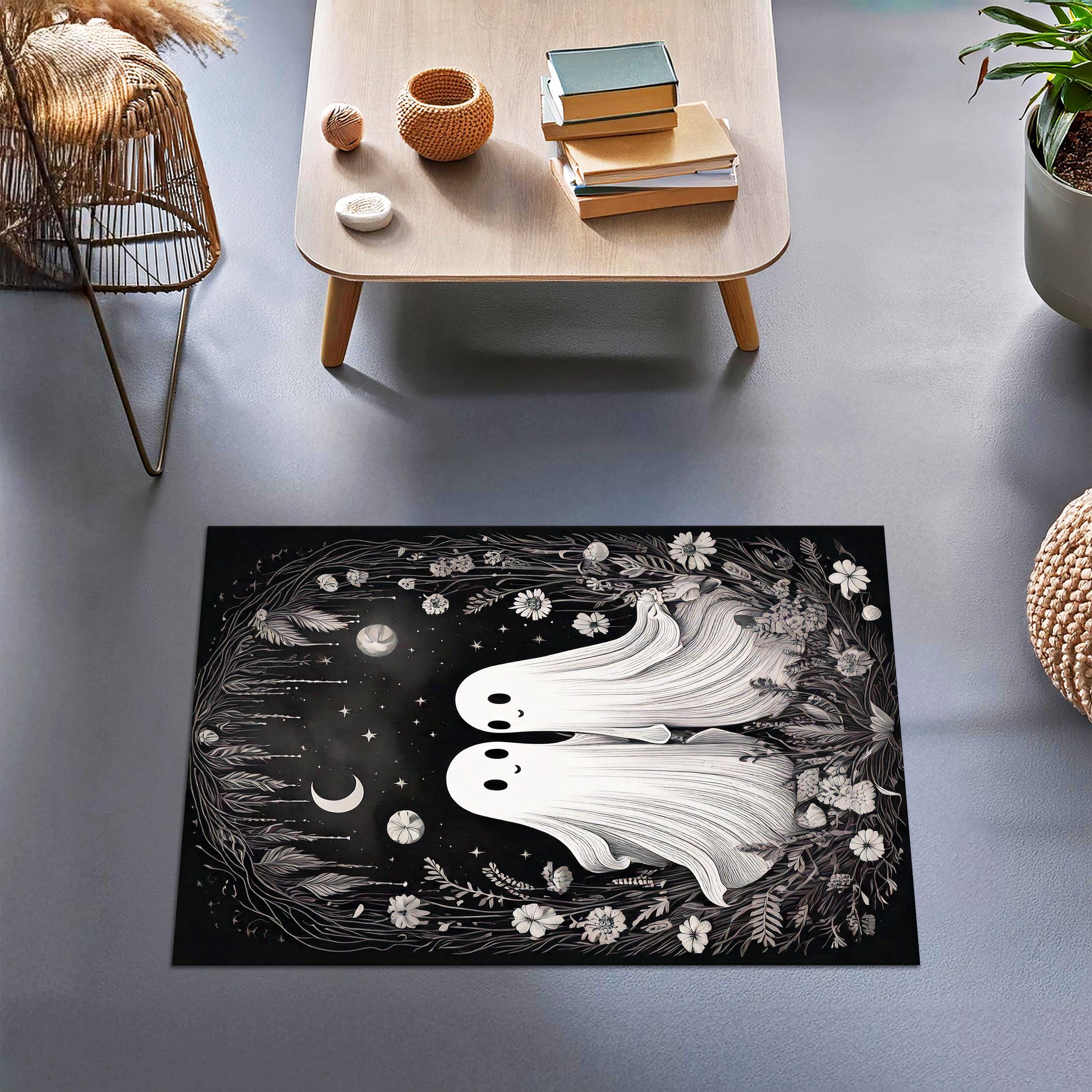 Cute Ghost Art Rug, Whimsical Halloween Decor, Vintage Floral Ghost Rug ...