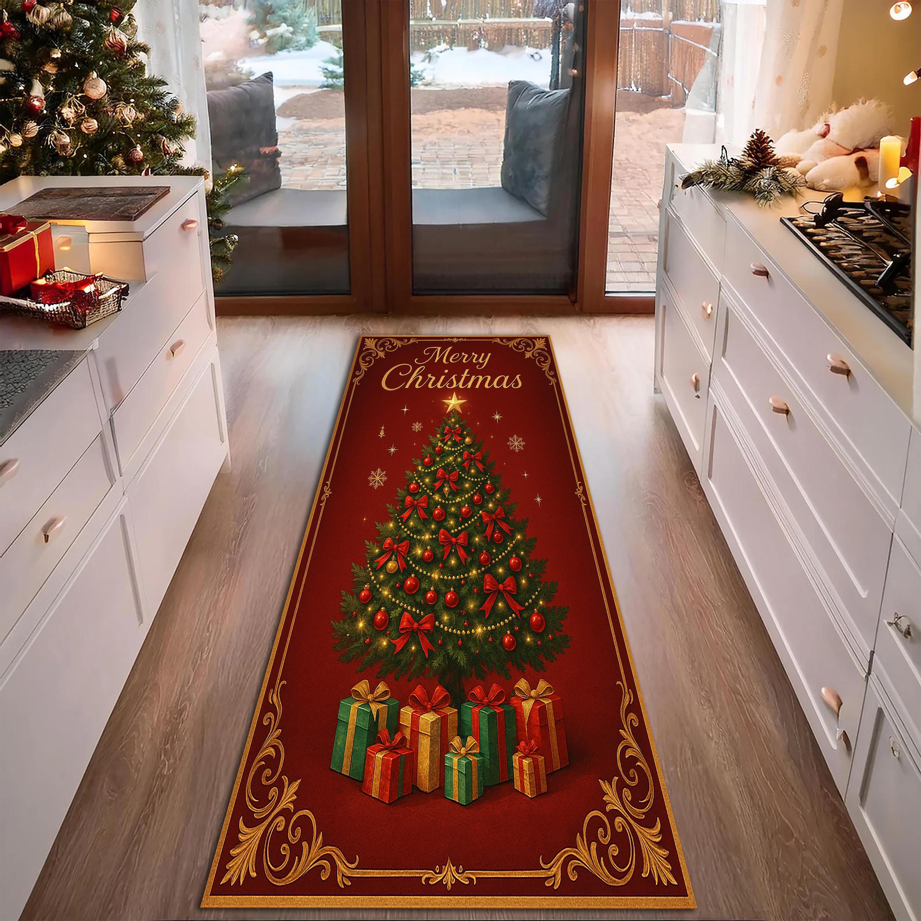 Christmas Tree Runner Rug With Gifts, Red Holiday Carpet, Festive Xmas ...