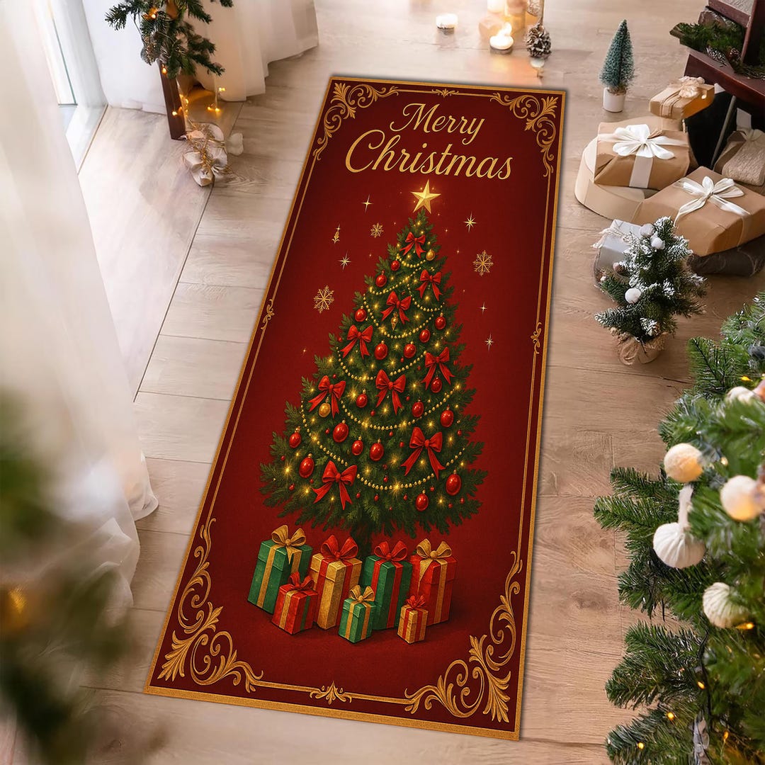 Christmas Tree Runner Rug With Gifts, Red Holiday Carpet, Festive Xmas ...