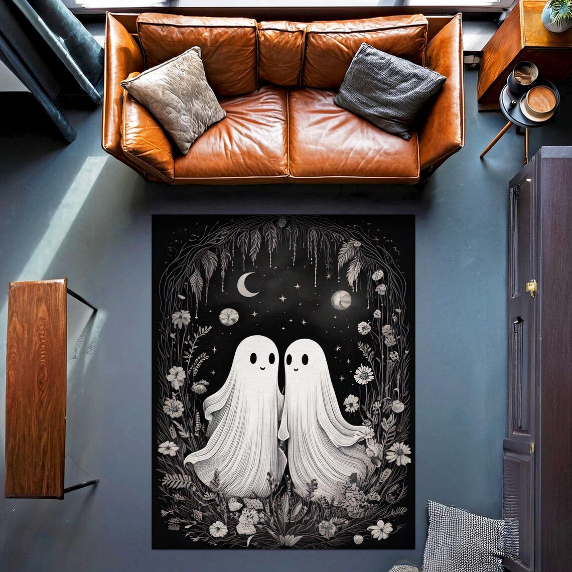 Cute Ghost Art Rug, Whimsical Halloween Decor, Vintage Floral Ghost Rug ...