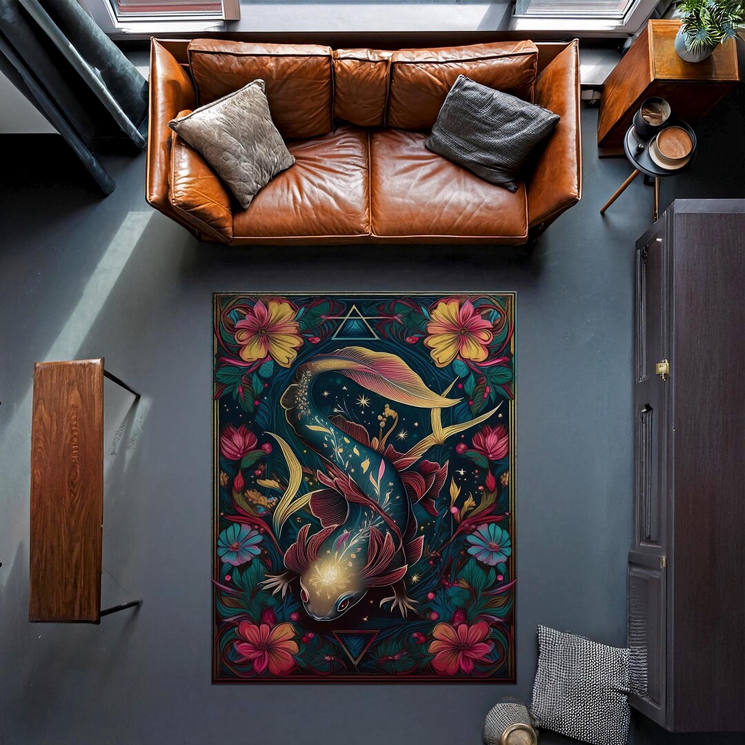 Floral Axolotl Rug, Salamander Rug for Living Room, Modern Rug ...