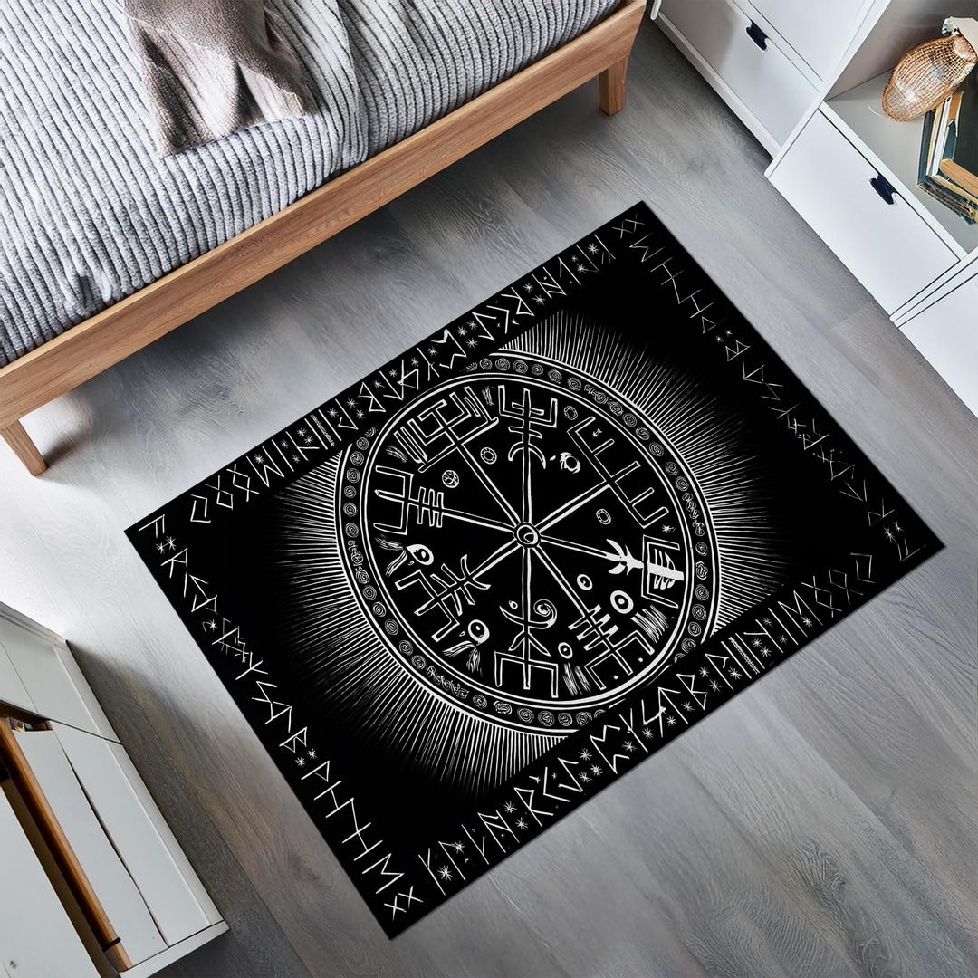 Vegvisir Shield Rug, Rune Symbol Rug, Norse Mythology Rug Decor, Viking ...