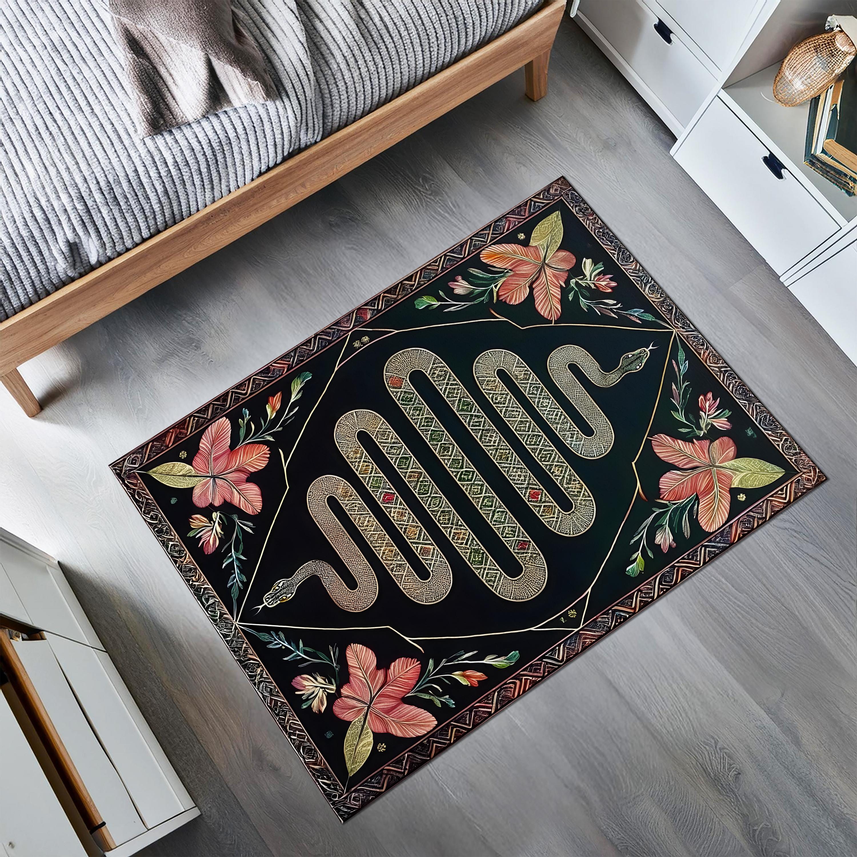 Mystical Snake and Floral Design Rug, Cottagecore Rug, Floral Snake ...