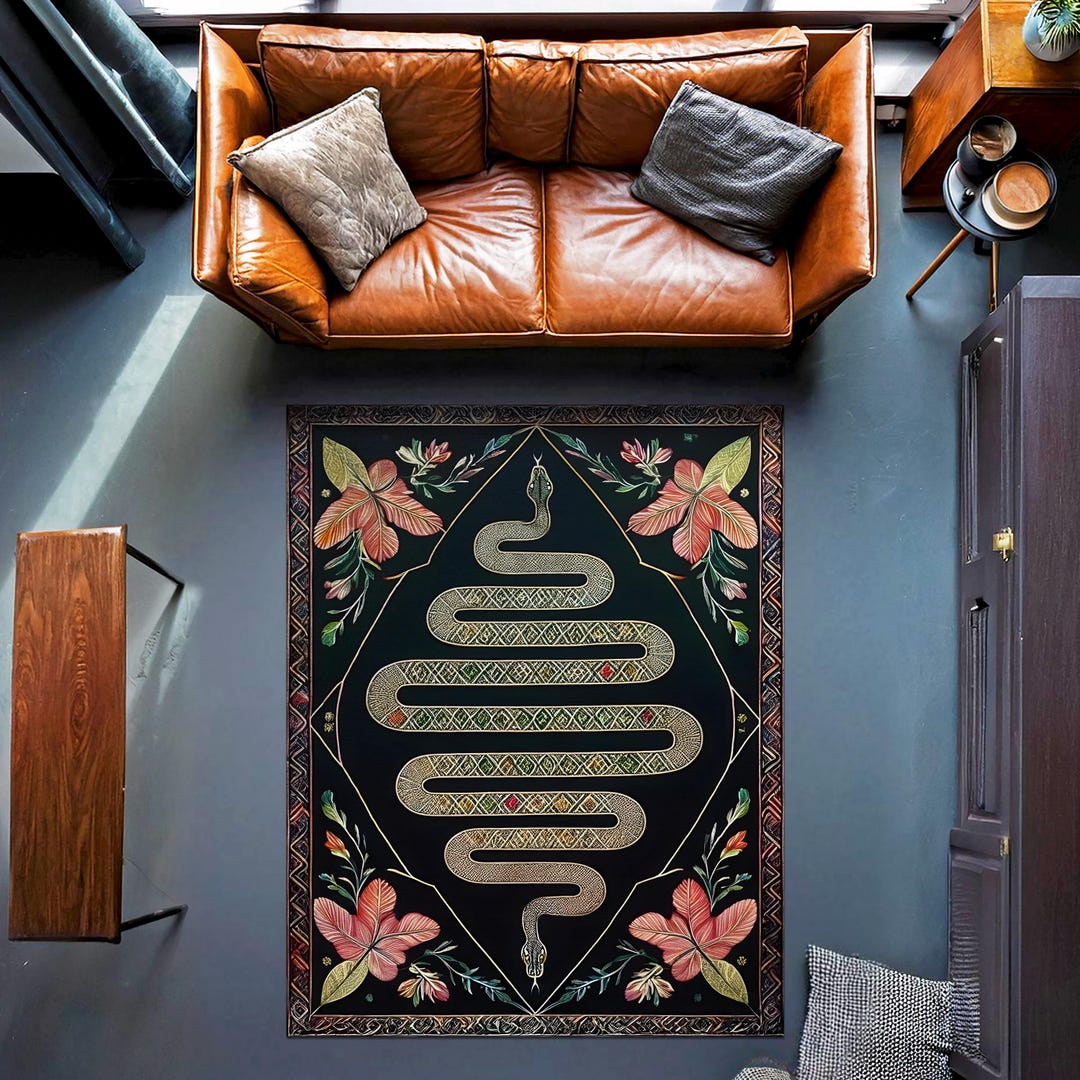 Mystical Snake and Floral Design Rug, Cottagecore Rug, Floral Snake ...