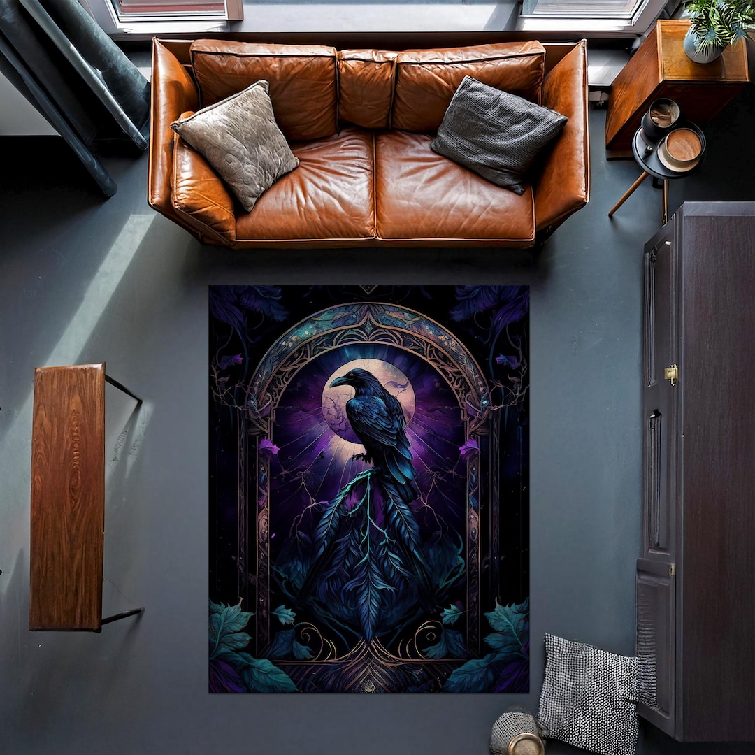 Gothic Raven Rug, Goth Room Decor, Crow in Purple Rug, Dark Academia ...