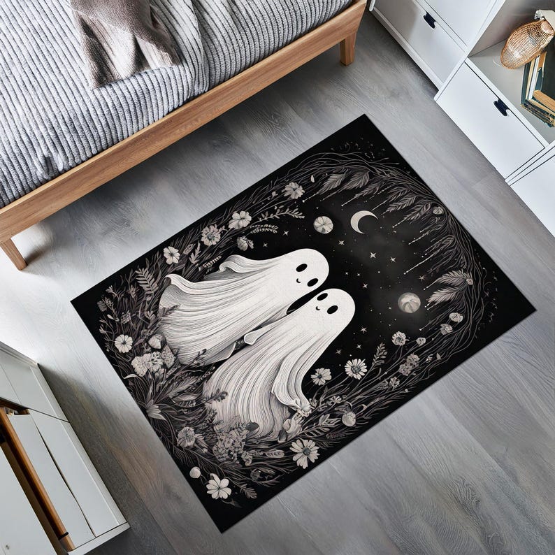 Cute Ghost Art Rug, Whimsical Halloween Decor, Vintage Floral Ghost Rug ...