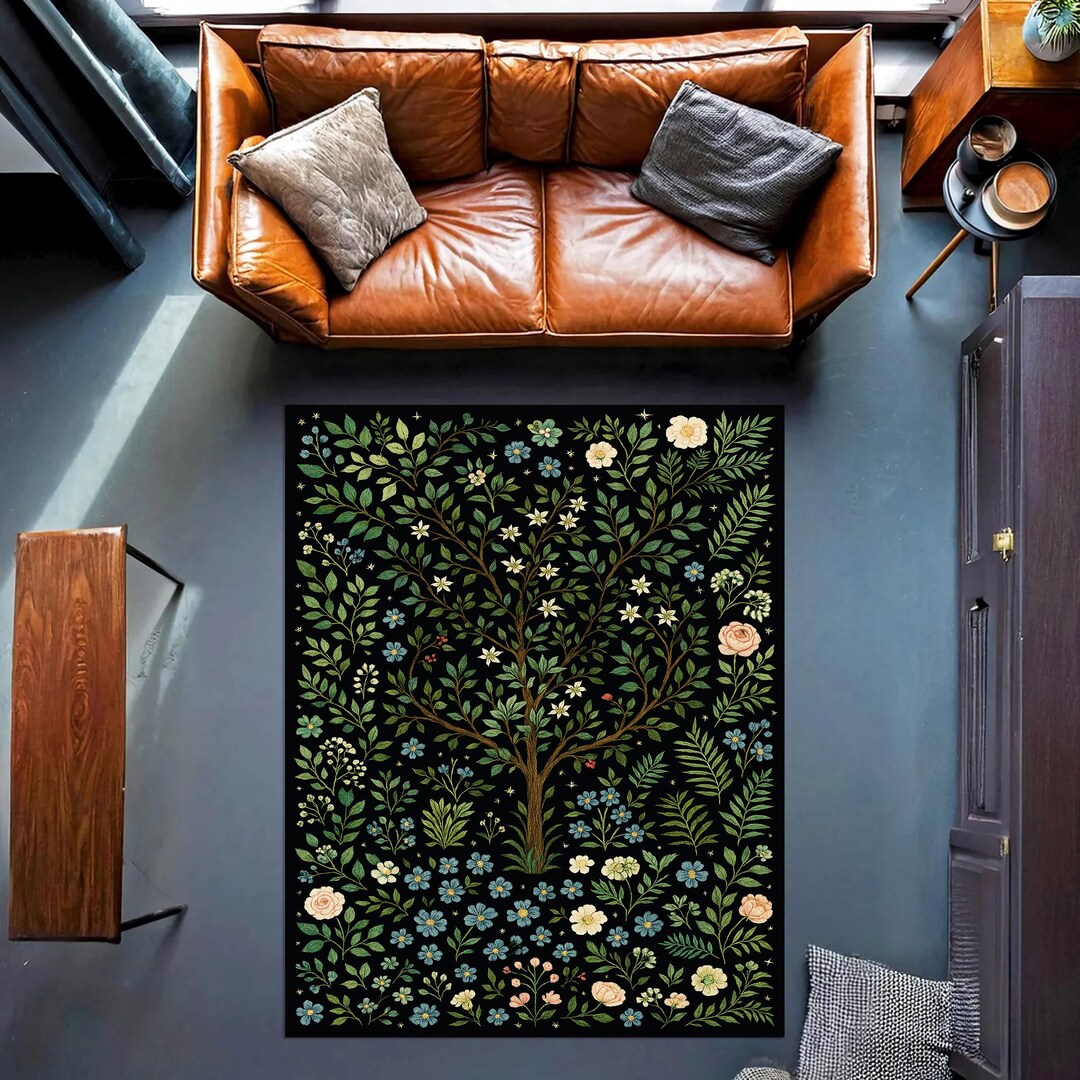Tree of Life Botanical Rug, Dark Floral Nature Carpet With Wildflowers ...