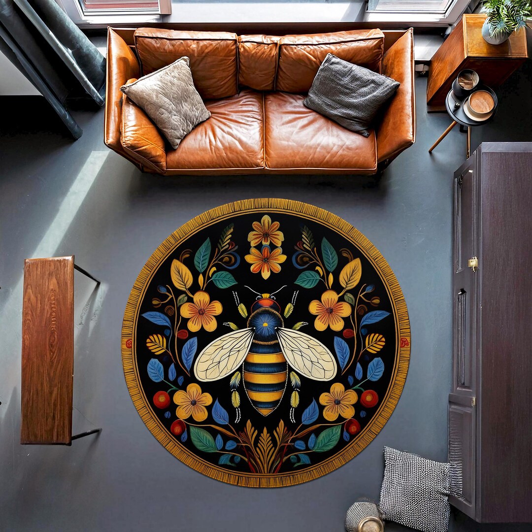 Floral Bee Round Rug, Honey Bee Rug, Cottagecore Decor Rug, Dark ...