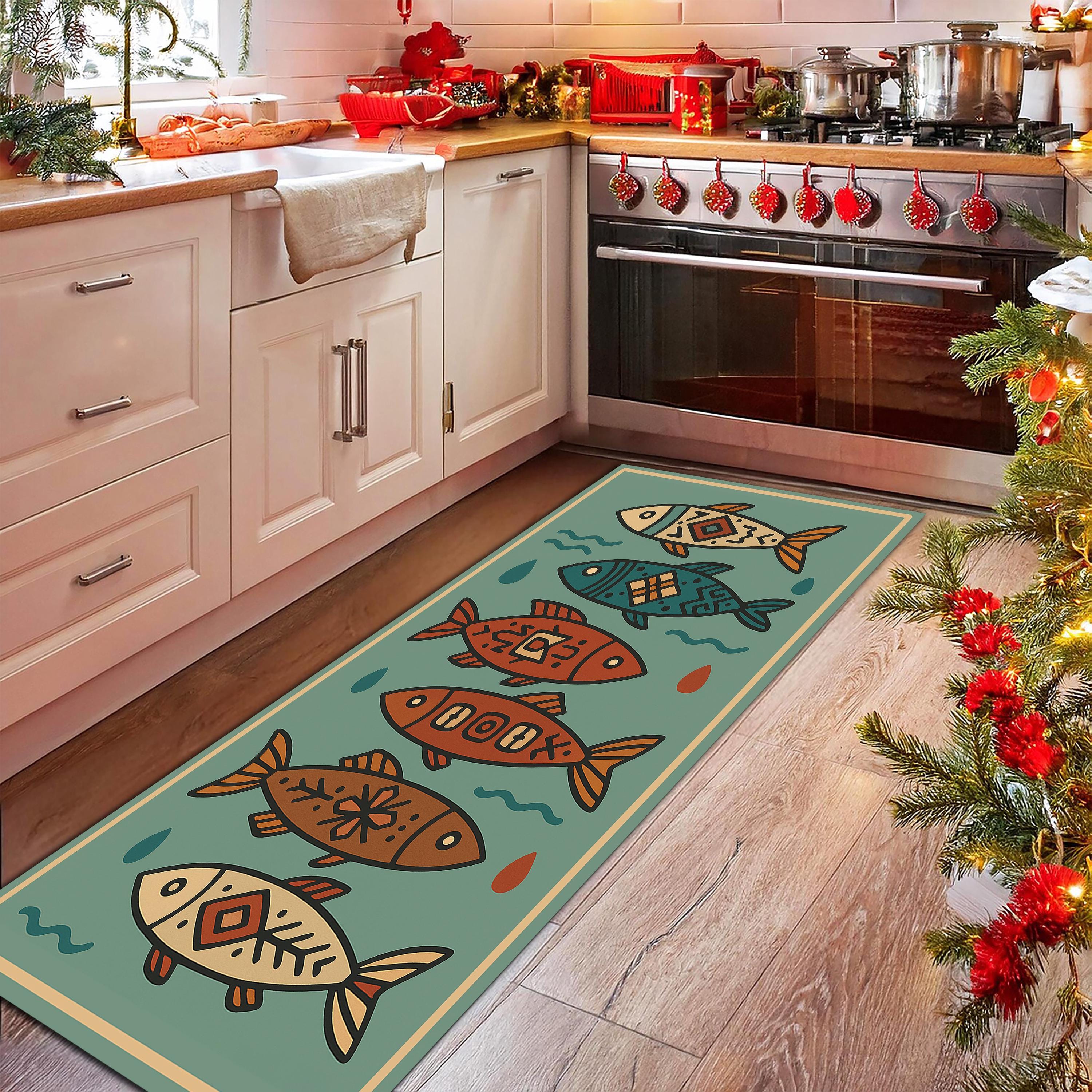 Folk Art Fish Runner Rug – Teal Kitchen Hallway Carpet, Bohemian ...