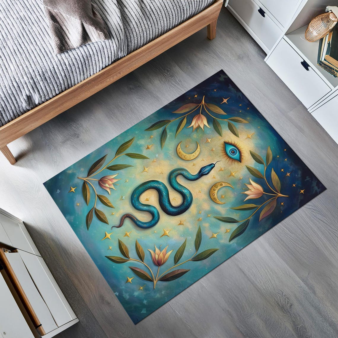 Mystical Snake and Third Eye Design Rug, Crescent Moon Rug, Floral ...