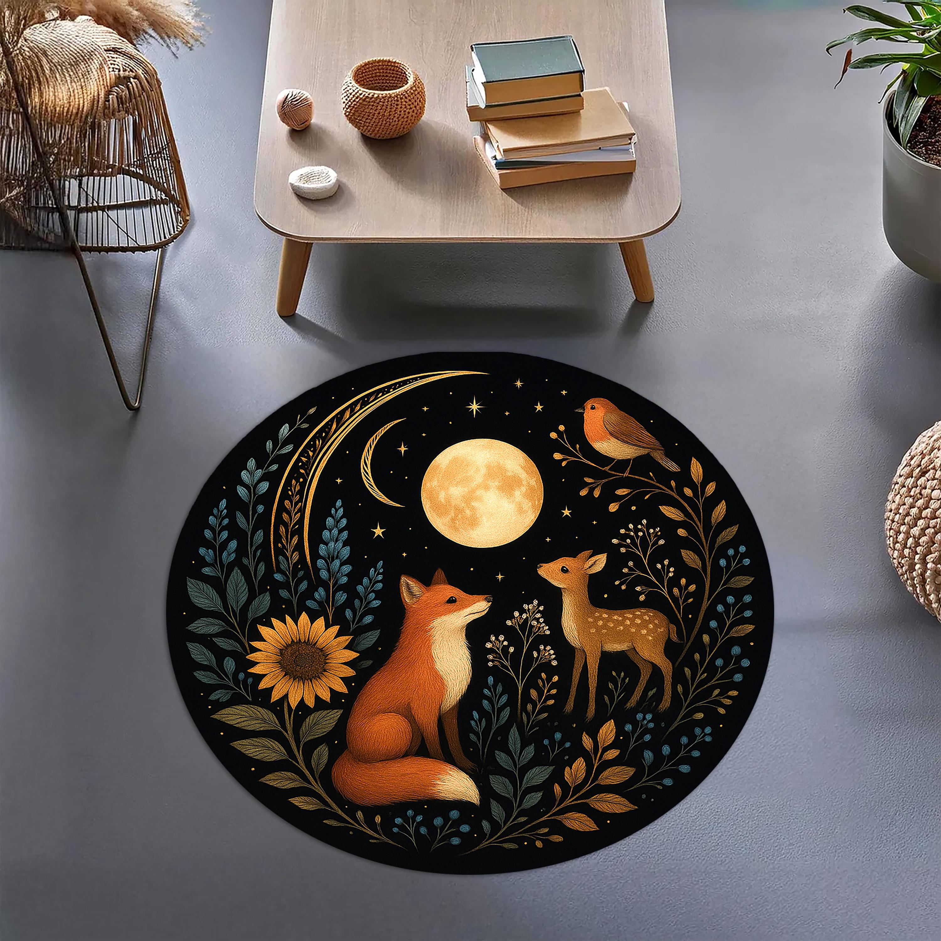 Forest Animal Round Rug With Fox Deer and Moon – Whimsical Night Scene ...
