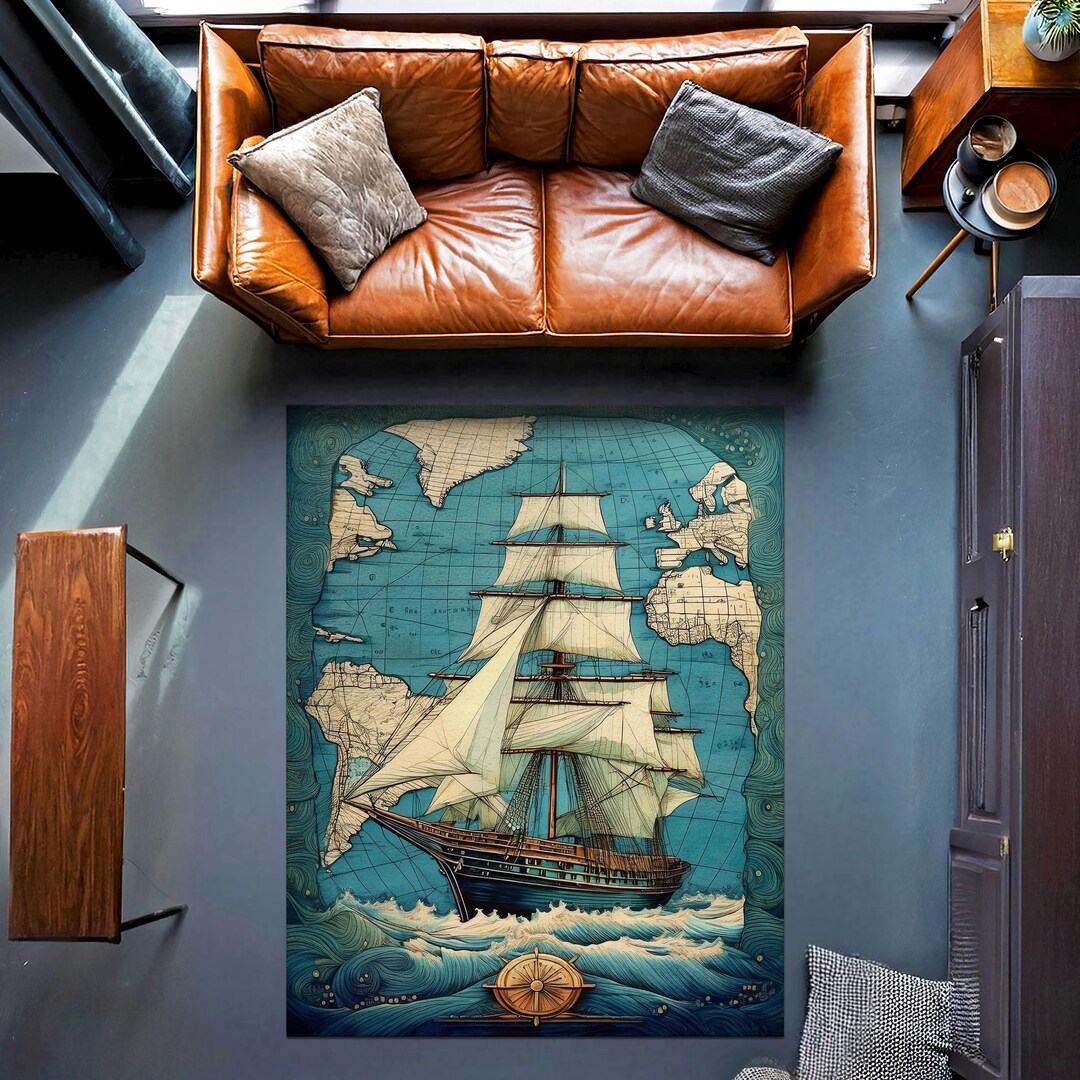 Vintage Pirate Ship Rug, Ship Rug, Pirate Ship Rug, Nautical Rug ...