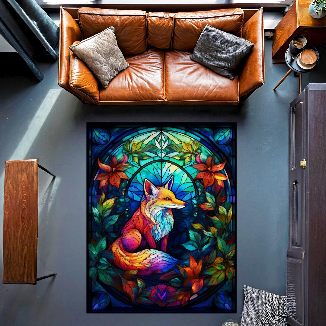 Mystic Fox Rug, Floral Fox in Jungle Rug, Stained Glass Decor, Magical ...